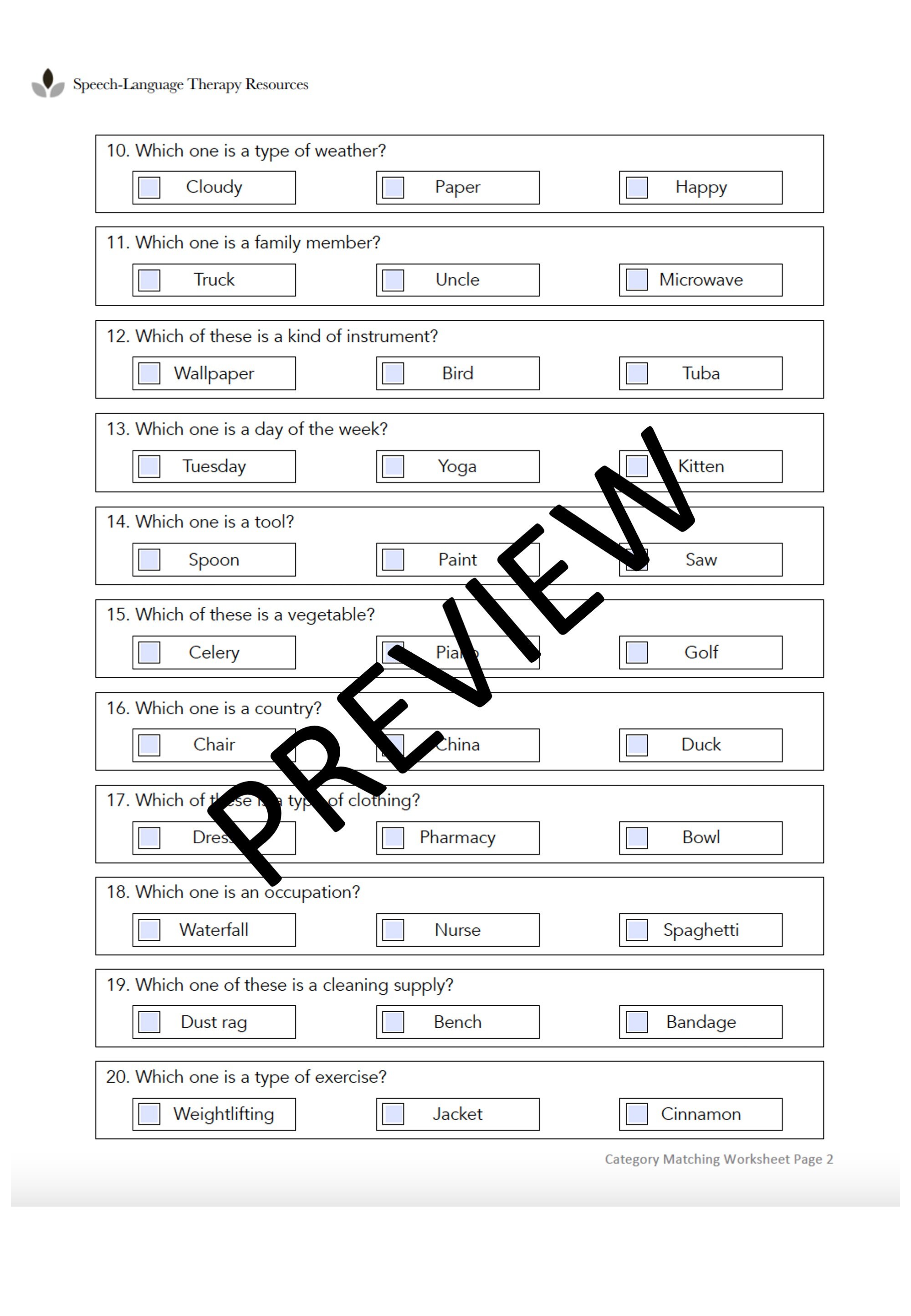 Category Matching Worksheet for Speech Therapy Fillable, Printable PDF ...