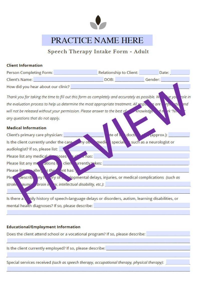 Speech Therapy Intake Form for Adults | Editable, Fillable, Printable ...