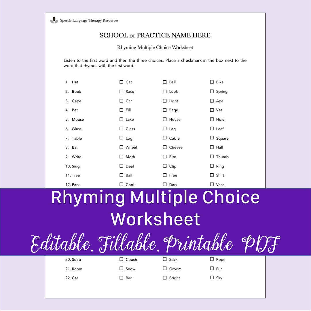 Rhyming Multiple Choice Worksheet for Speech Therapy | Fillable ...