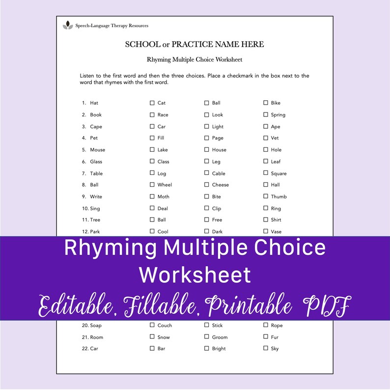 Rhyming Multiple Choice Worksheet for Speech Therapy | Fillable ...