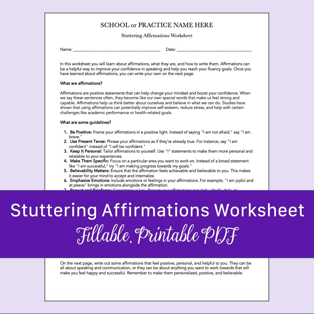 Stuttering Affirmations Worksheet for Speech Therapy | Editable ...