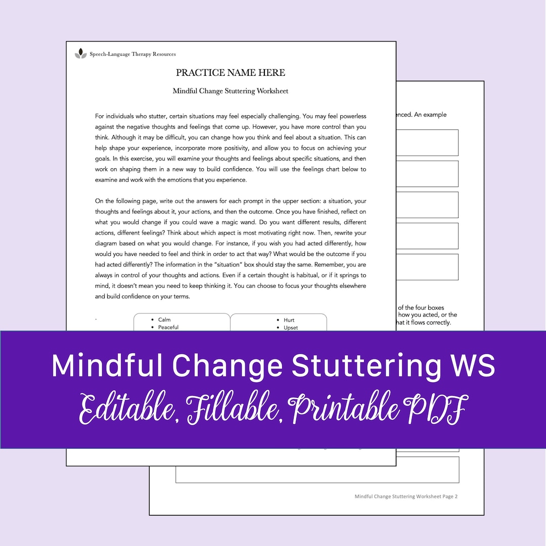 Mindful Change Stuttering Worksheet for Speech Therapy (editable ...