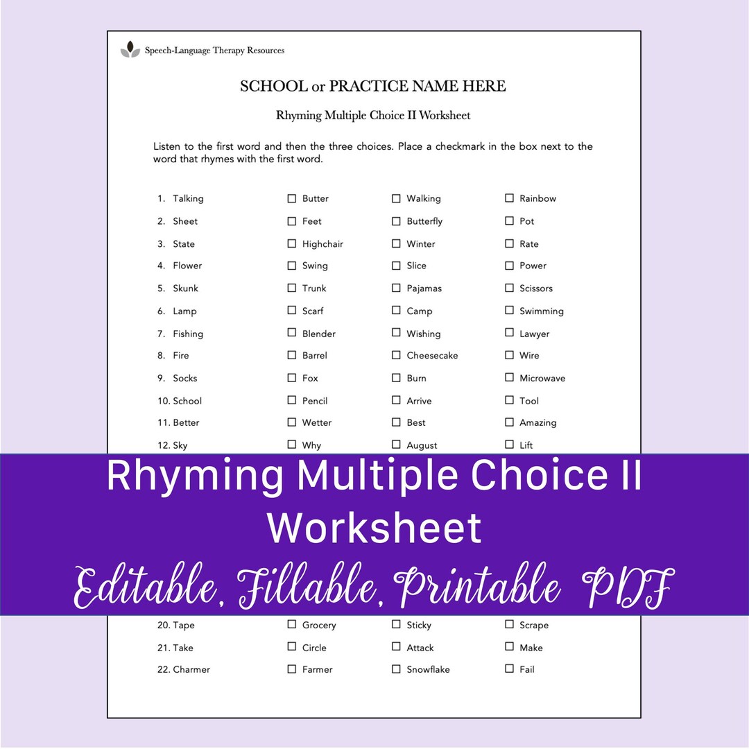 Rhyming Multiple Choice II Worksheet for Speech Therapy | Fillable ...