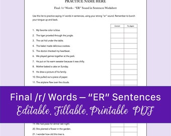 Final R Words OR Worksheet for Speech Therapy editable, Fillable ...