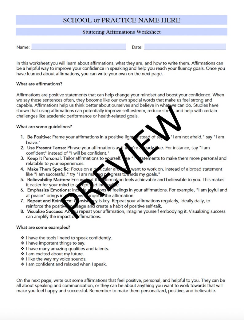 Stuttering Affirmations Worksheet for Speech Therapy | Editable ...