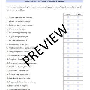 Final /r/ Words - "ar" Sound in Sentences Worksheet for Speech Therapy ...