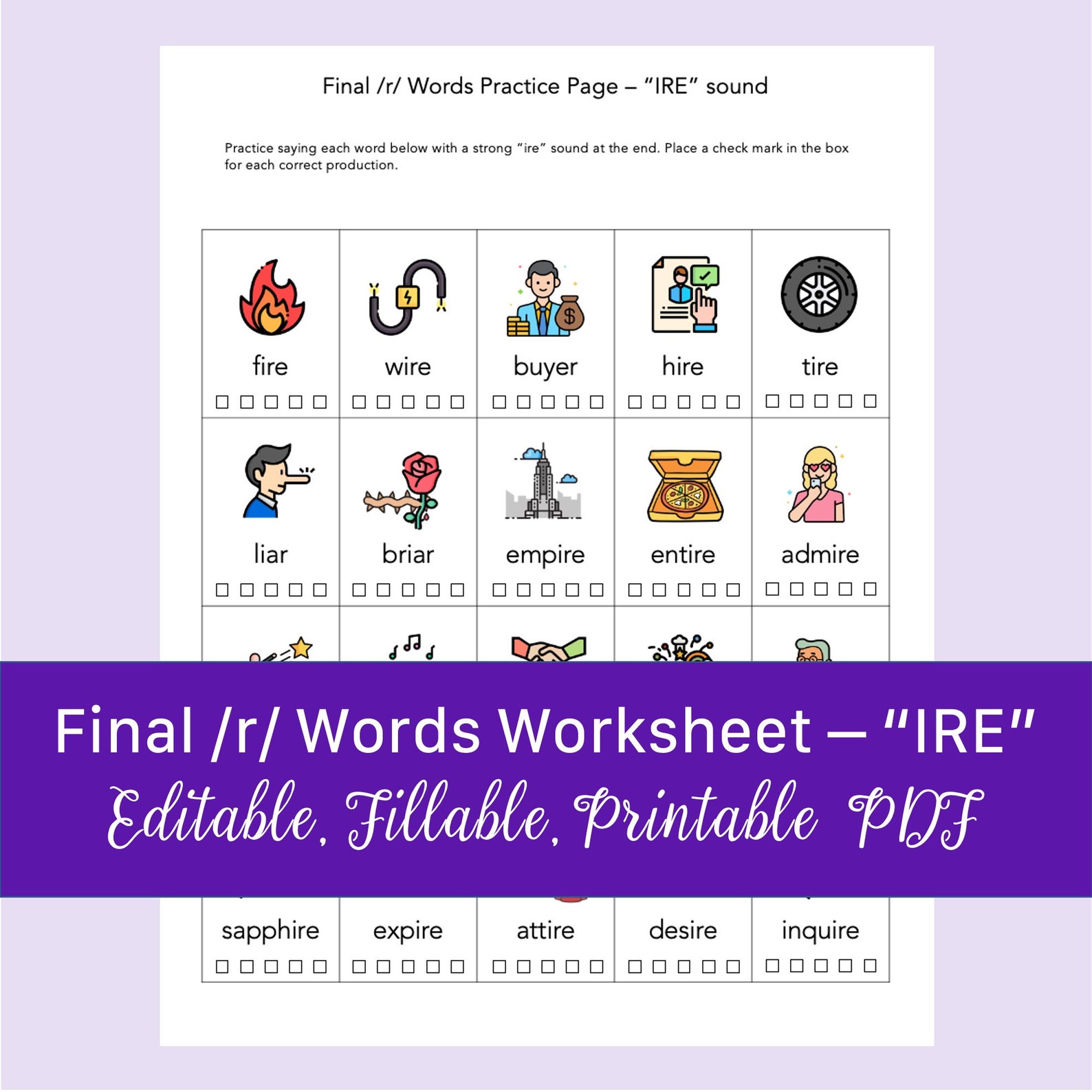 Final /r/ Words ire Sound Worksheet for Speech Therapy Fillable PDF - Etsy