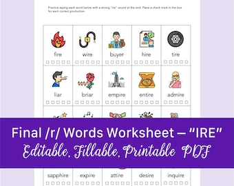 Final /r/ Words - "ire" Sound Worksheet for Speech Therapy | Fillable ...