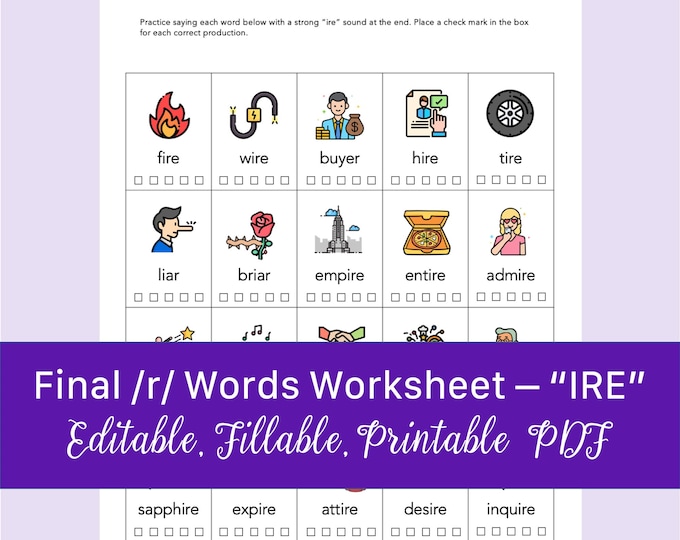 Final /r/ Words - "ire" Sound Worksheet for Speech Therapy | Fillable ...