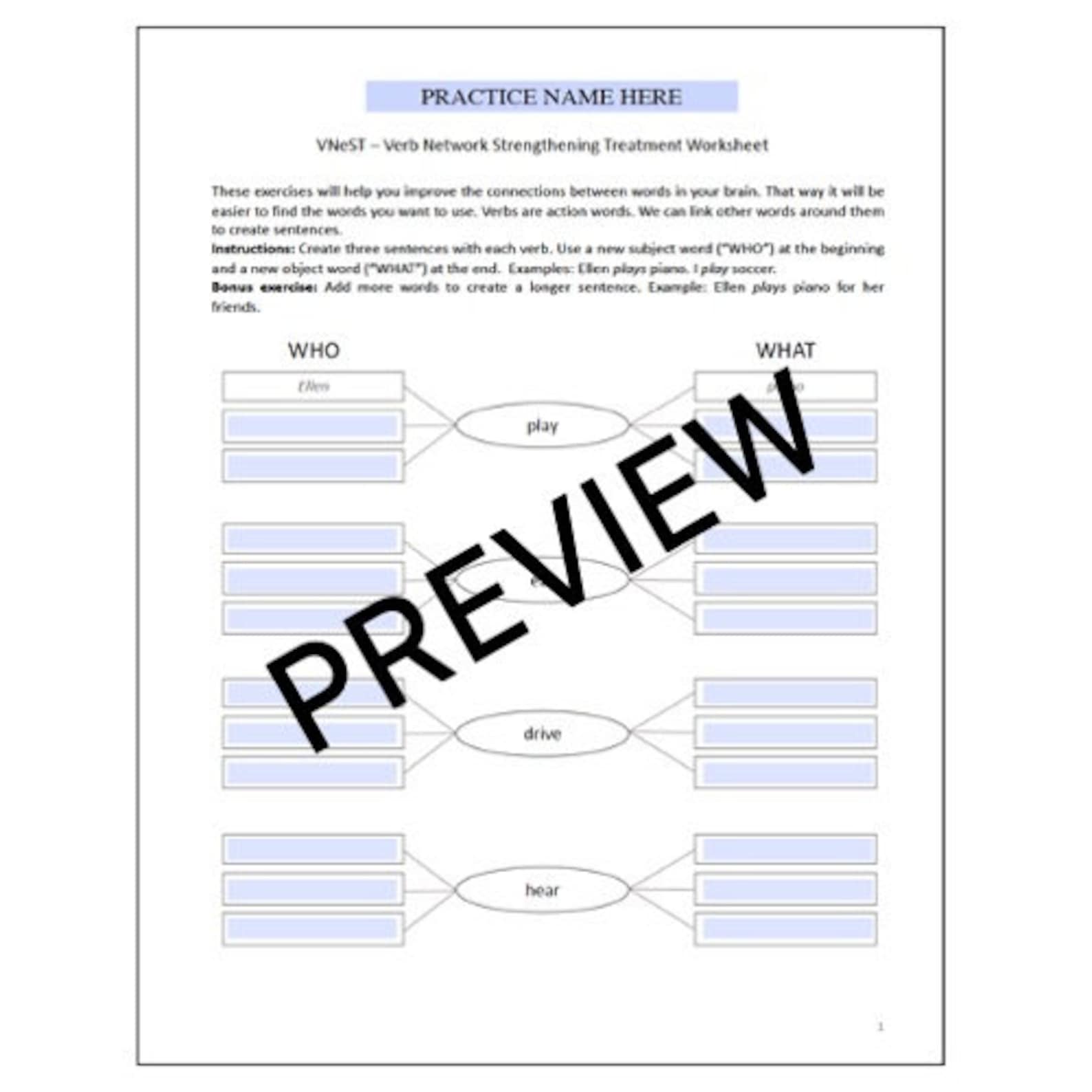 Vnest (verb Network Strengthening Treatment) Speech Therapy Worksheet ...