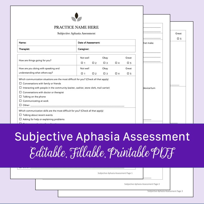 Subjective Aphasia Assessment for Speech Therapy | Editable, Fillable ...