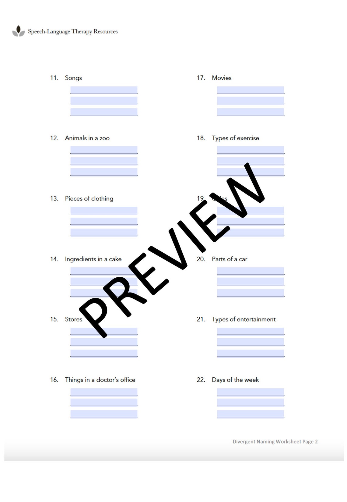 Divergent Naming Worksheet for Aphasia Speech Therapy | Fillable ...