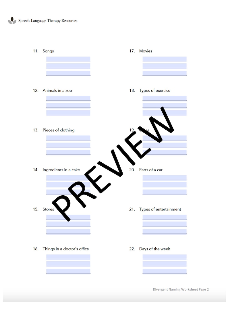 Divergent Naming Worksheet for Aphasia Speech Therapy | Fillable ...