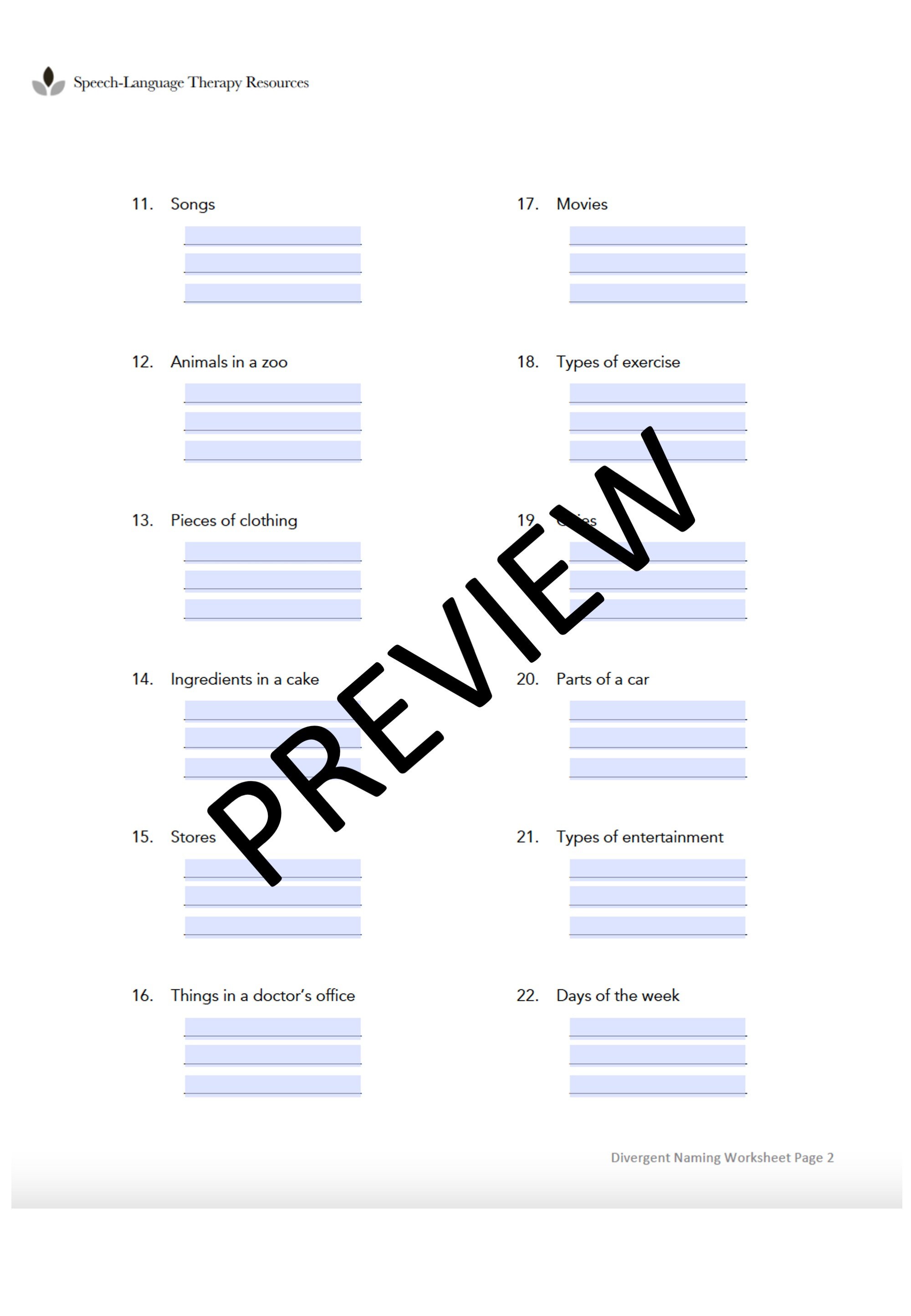 Divergent Naming Worksheet for Aphasia Speech Therapy | Fillable ...
