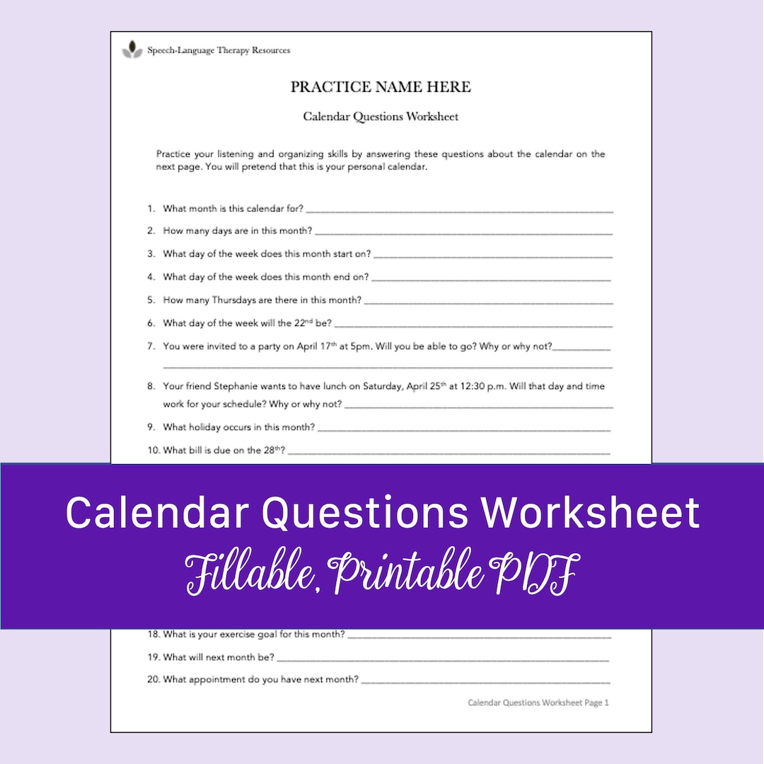 Calendar Questions Worksheet for Language Therapy | Fillable, Printable ...