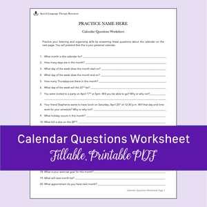 Calendar Questions Worksheet for Language Therapy | Fillable, Printable ...