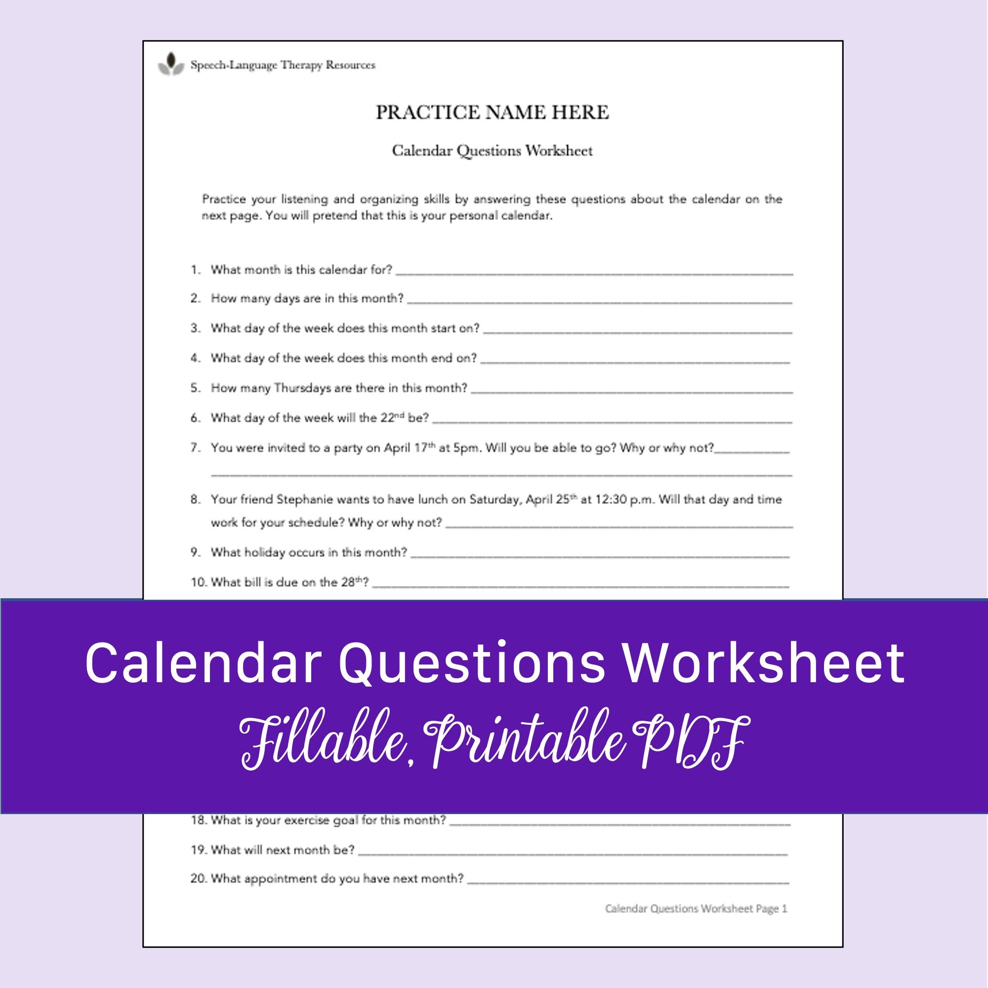 Calendar Questions Worksheet for Language Therapy | Fillable, Printable ...