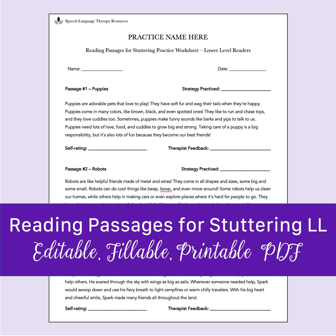 Reading Passages for Stuttering Practice Worksheet - Lower Level ...