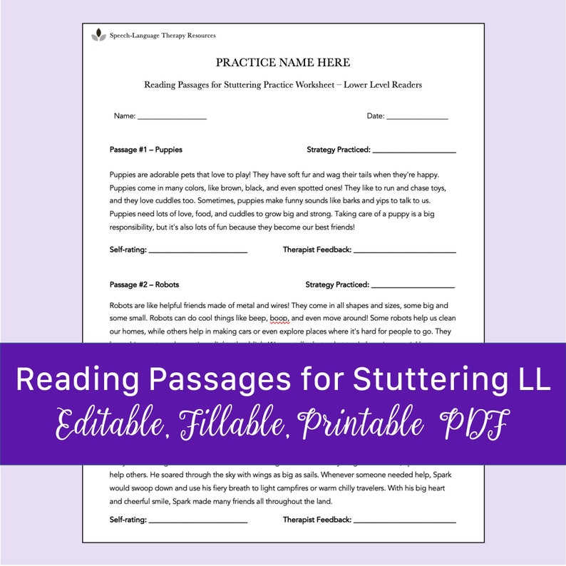 Reading Passages for Stuttering Practice Worksheet - Lower Level ...