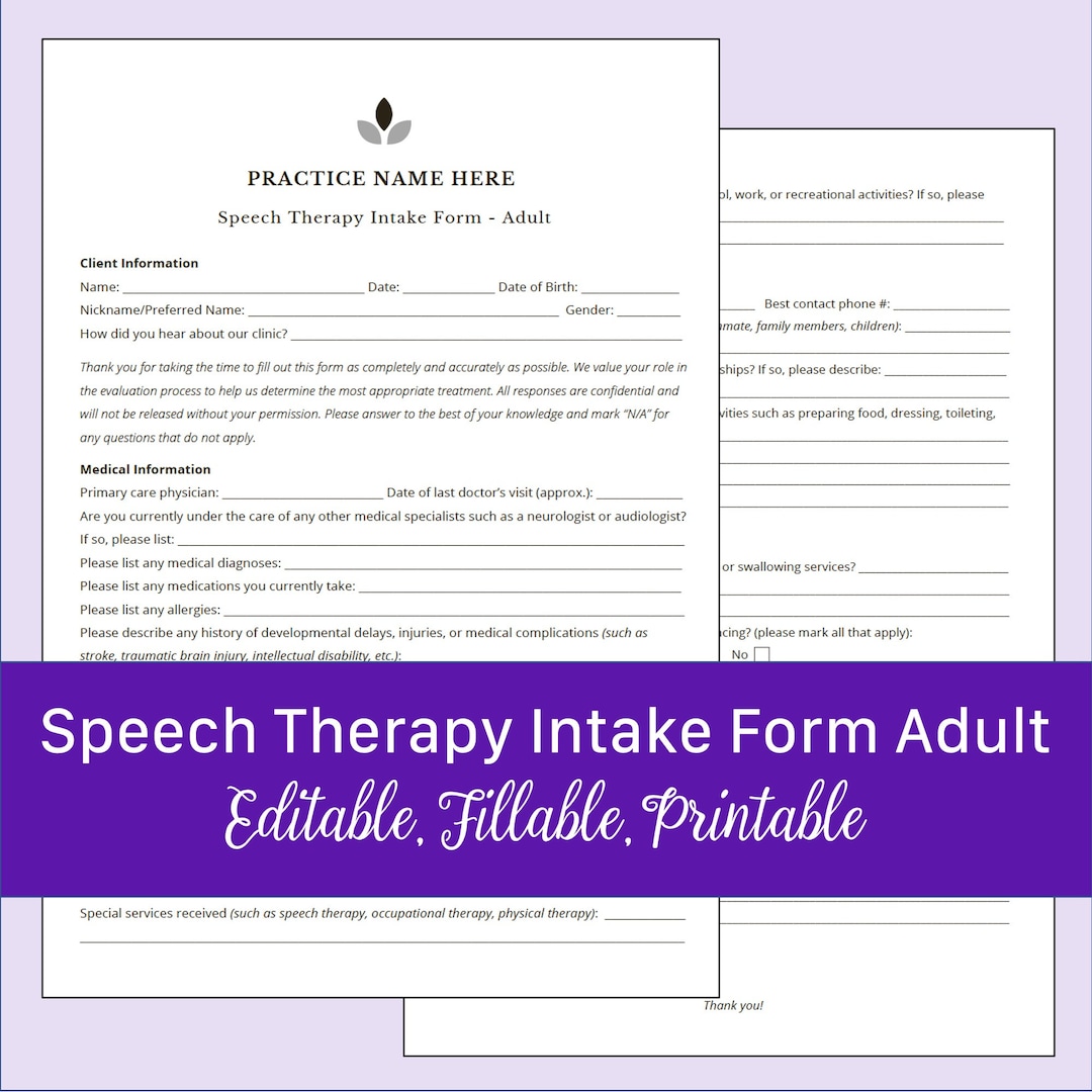 Speech Therapy Intake Form for Adults | Editable, Fillable, Printable ...
