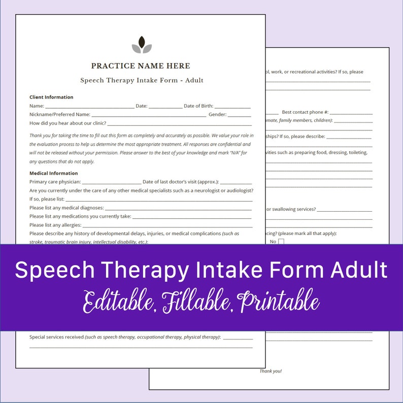 Speech Therapy Intake Form for Adults Editable, Fillable, Printable PDF ...