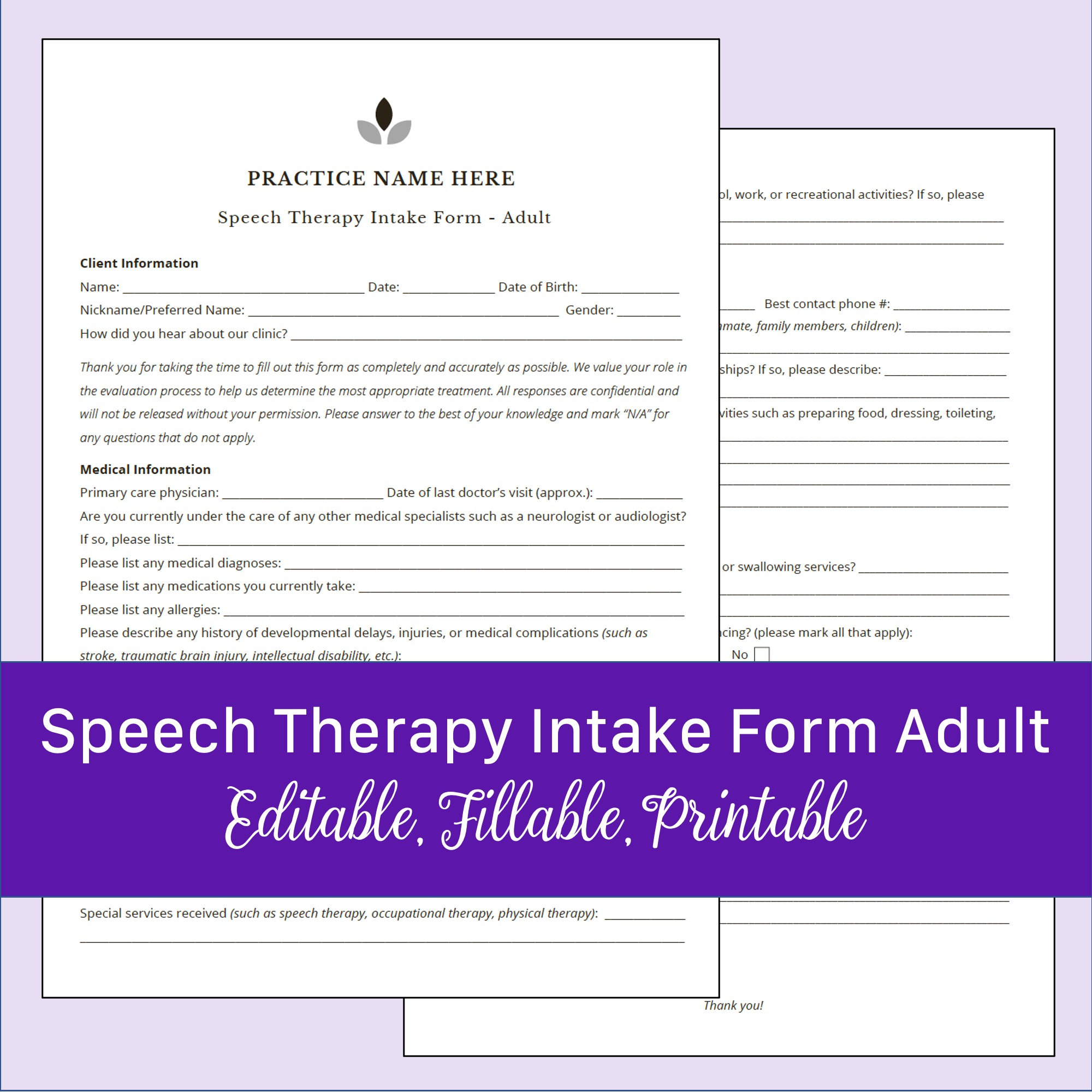Speech Therapy Intake Form for Adults Editable, Fillable, Printable PDF ...