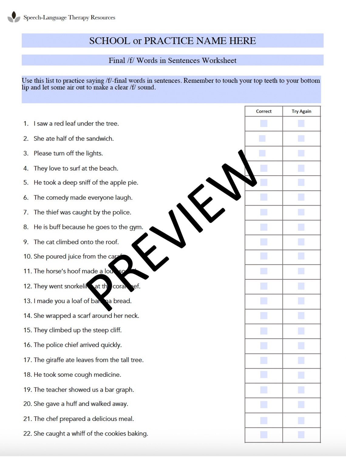 Final /f/ Words in Sentences Worksheet for Speech Therapy | Printable ...