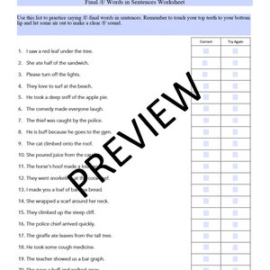 Final /f/ Words in Sentences Worksheet for Speech Therapy | Printable ...