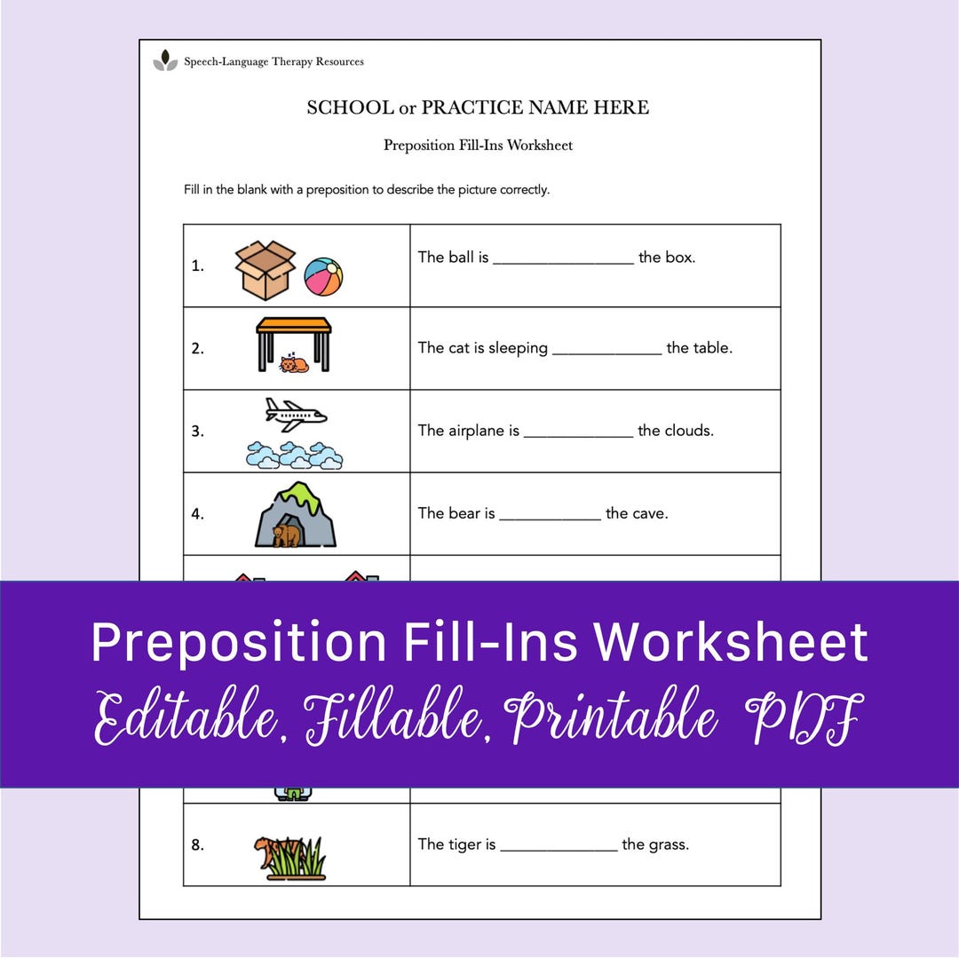 Preposition Fill-ins Worksheet for Speech Therapy | Fillable, Printable ...