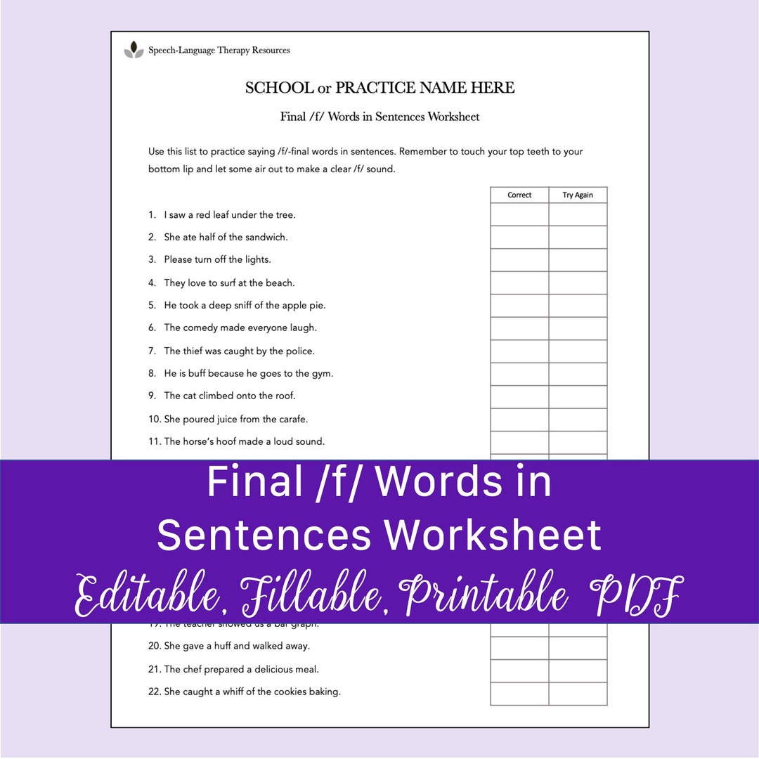Final /f/ Words in Sentences Worksheet for Speech Therapy | Printable ...