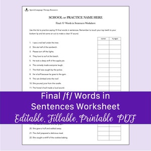 Final /f/ Words in Sentences Worksheet for Speech Therapy | Printable ...