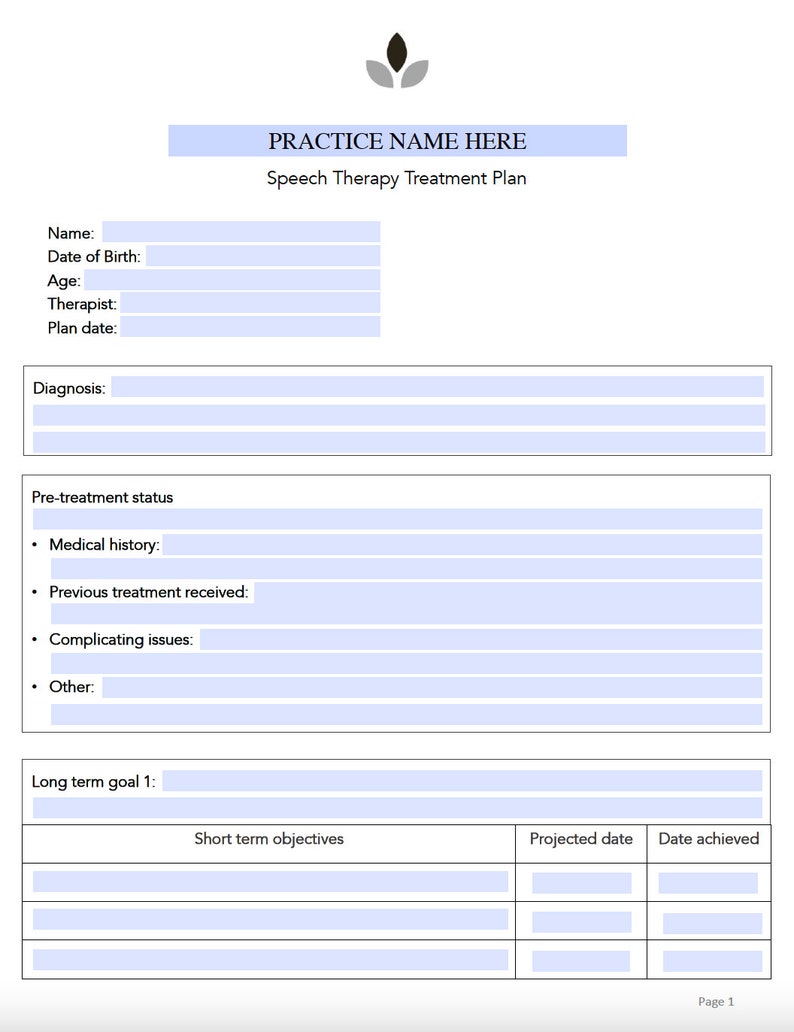 Speech Therapy Treatment Plan Template Editable Fillable - Etsy