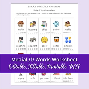 Medial /f/ Words Worksheet for Speech Therapy | Fillable PDF With ...