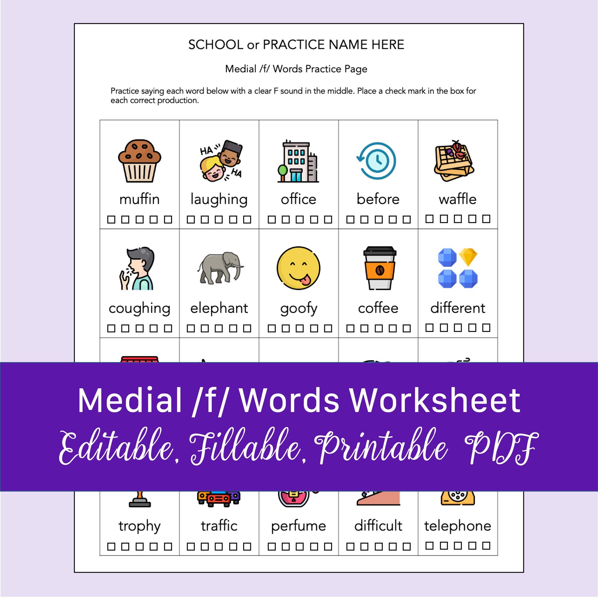 Medial /f/ Words Worksheet for Speech Therapy | Fillable PDF With ...
