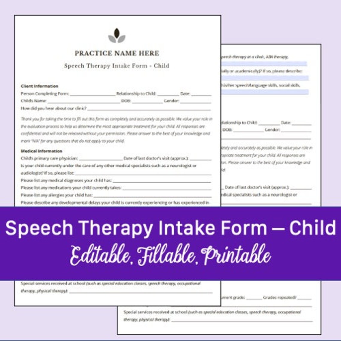 Speech Therapy Intake Form Child Editable Fillable | Etsy