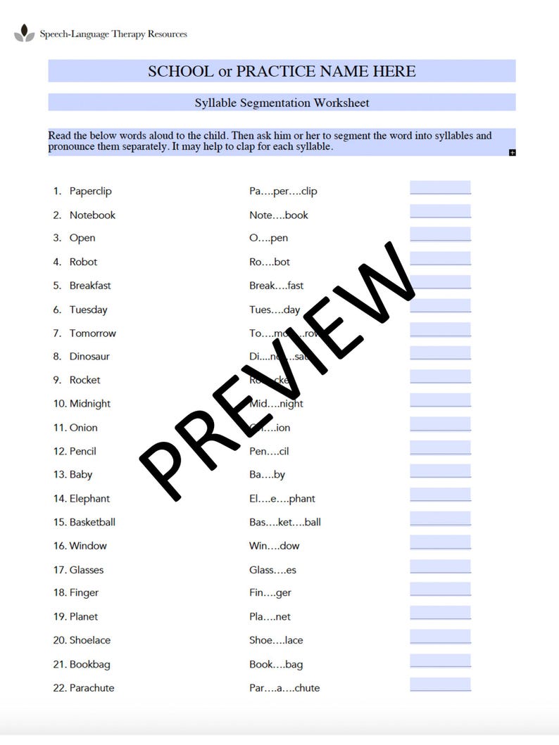 Syllable Segmentation Worksheet for Speech Therapy | Fillable ...