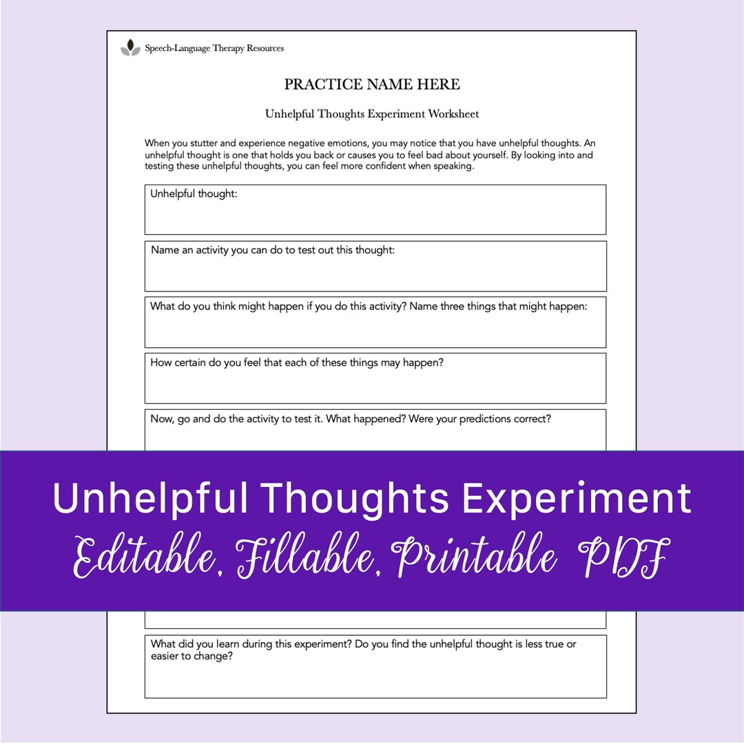 Unhelpful Thoughts Experiment Worksheet for Stuttering | Editable ...