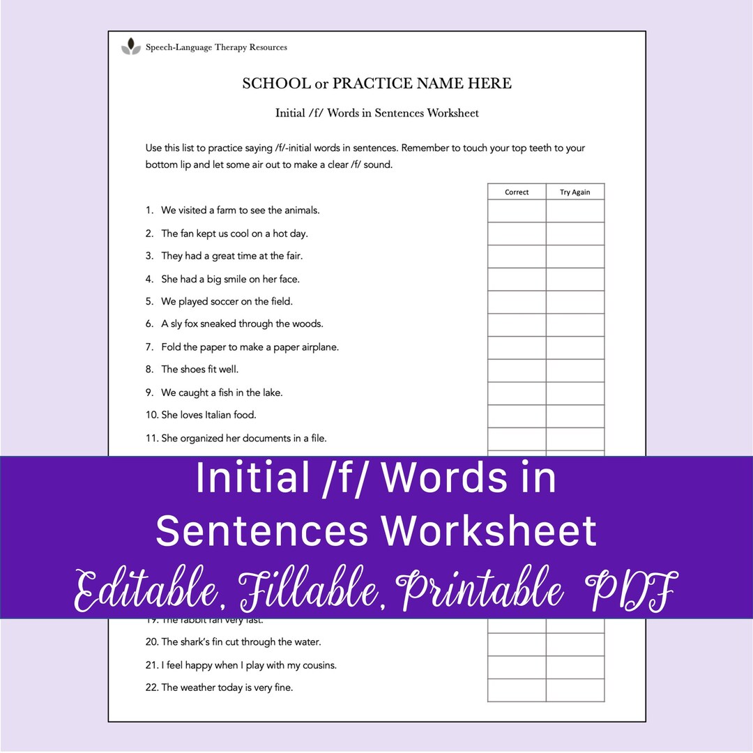 Initial /f/ Words in Sentences Worksheet for Speech Therapy | Printable ...