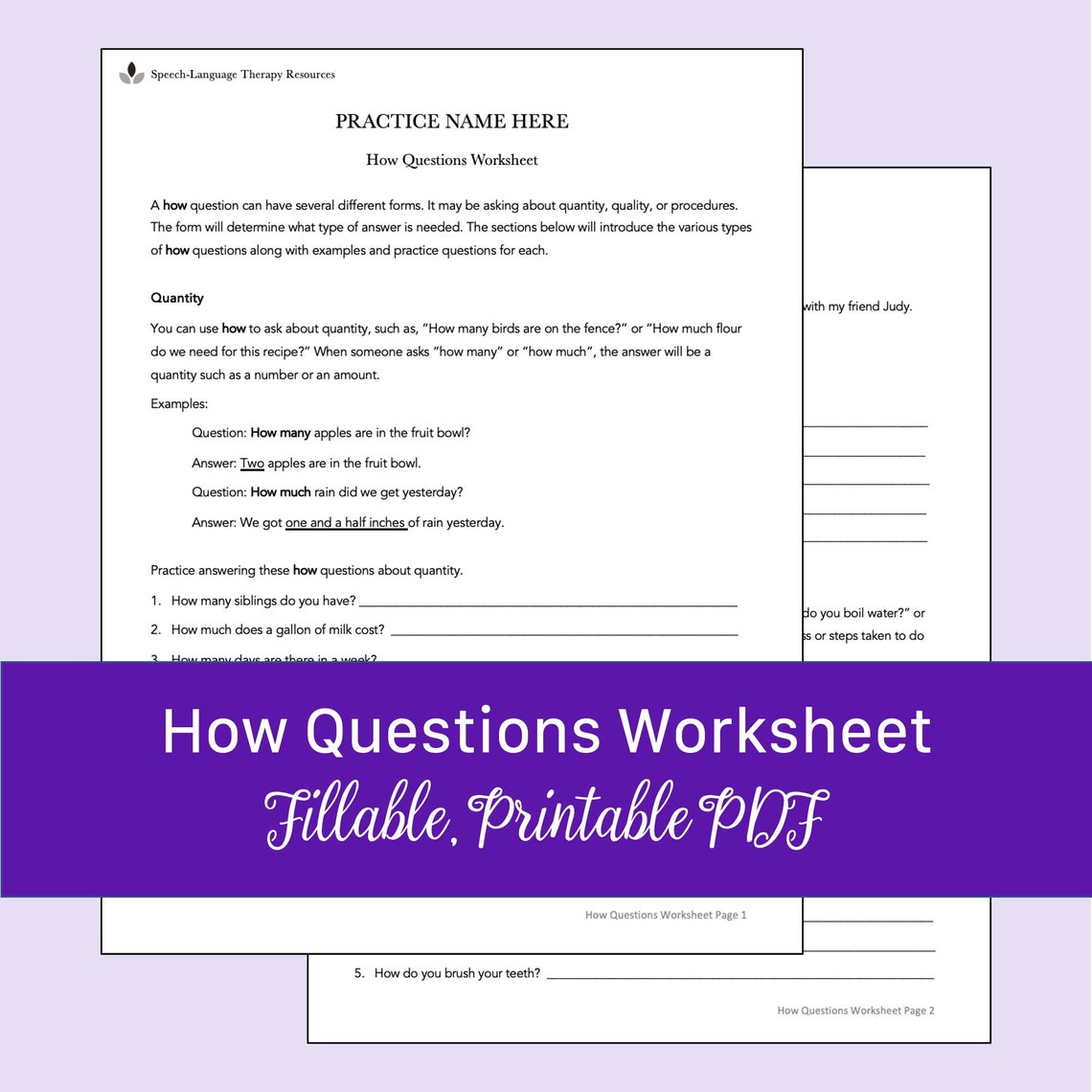 How Questions Worksheet for Speech Therapy | Fillable, Printable PDF ...