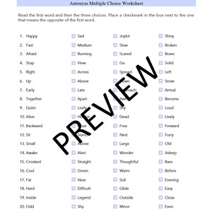 Antonym Multiple Choice Worksheet for Speech Therapy | Fillable ...