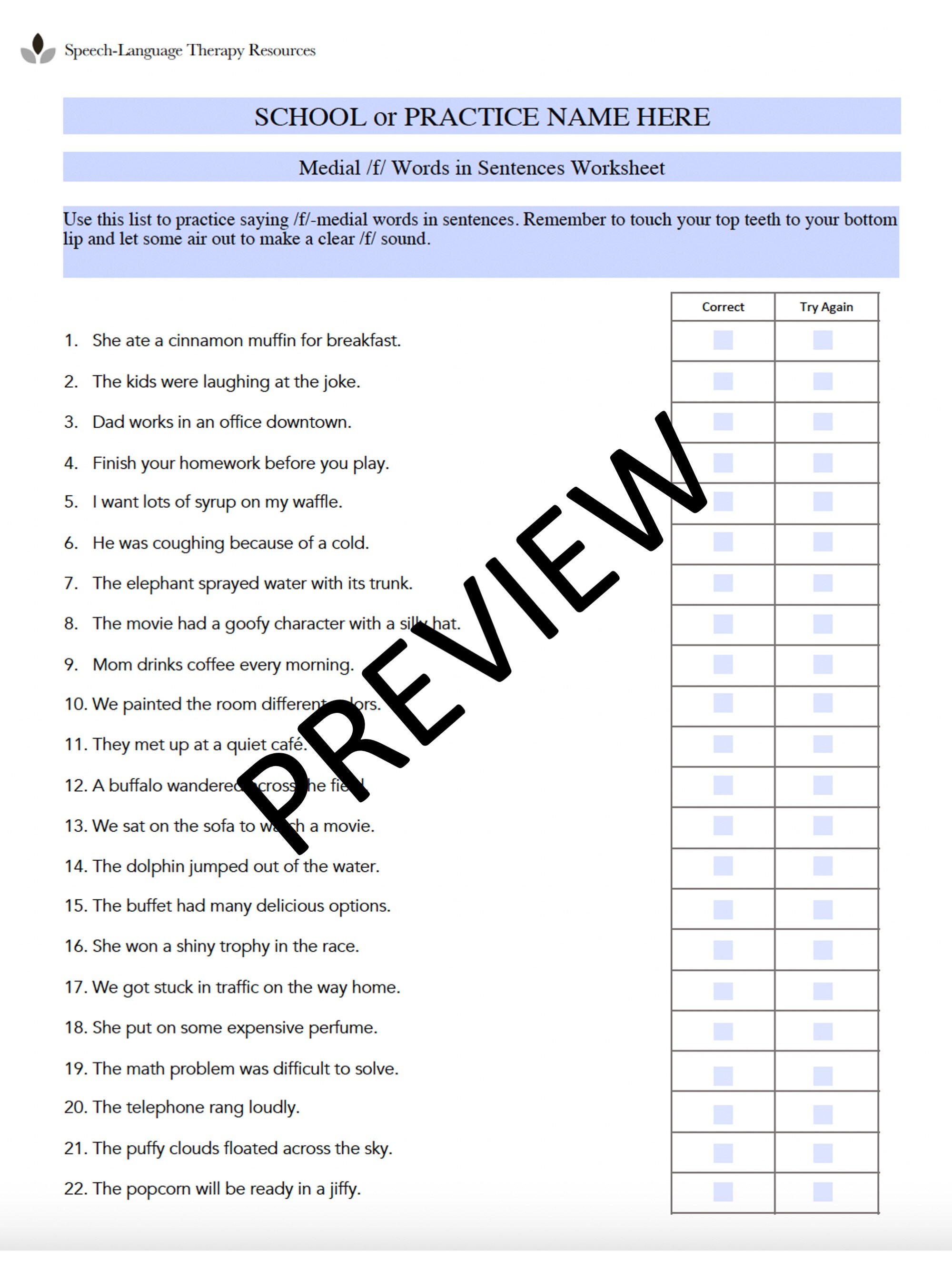 Medial /f/ Words in Sentences Worksheet for Speech Therapy | Printable ...