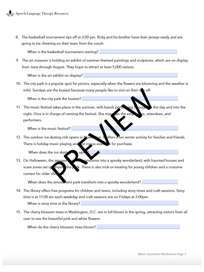 When Questions Speech Therapy Worksheet Fillable, Printable PDF - Etsy