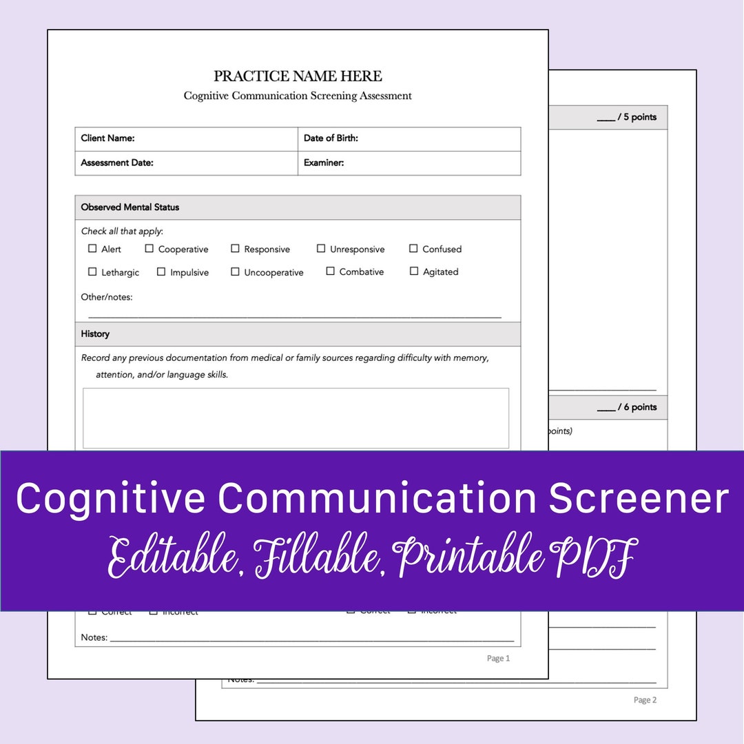 Cognitive Communication Screening Assessment | Fillable, Printable PDF ...