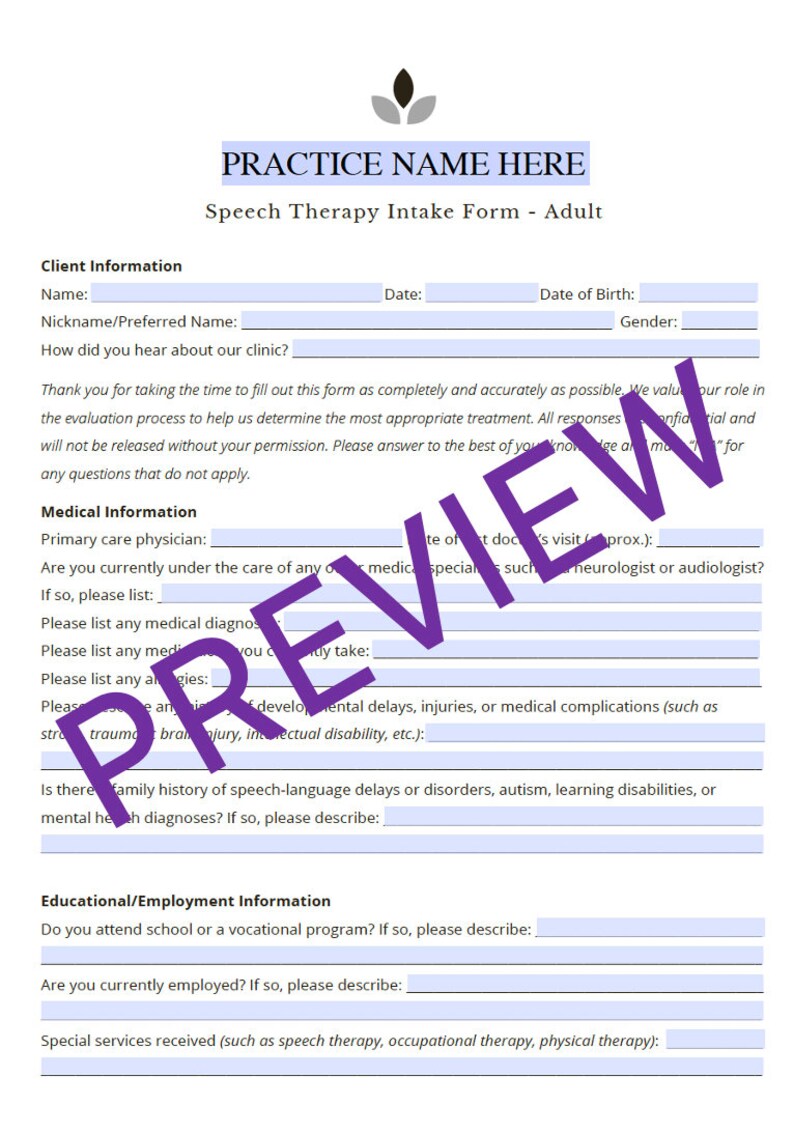Speech Therapy Intake Form for Adults | Editable, Fillable, Printable ...