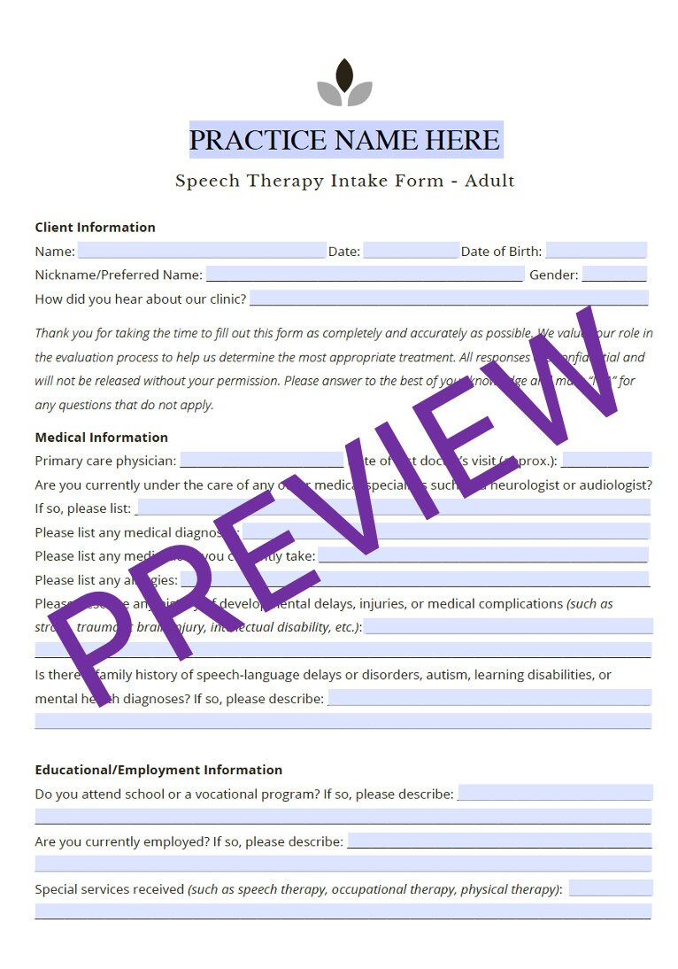 Speech Therapy Intake Form for Adults | Editable, Fillable, Printable ...