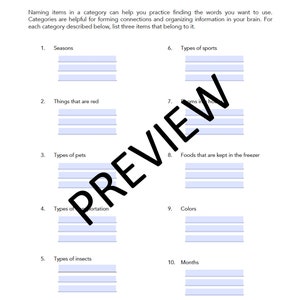Divergent Naming Worksheet for Aphasia Speech Therapy | Fillable ...