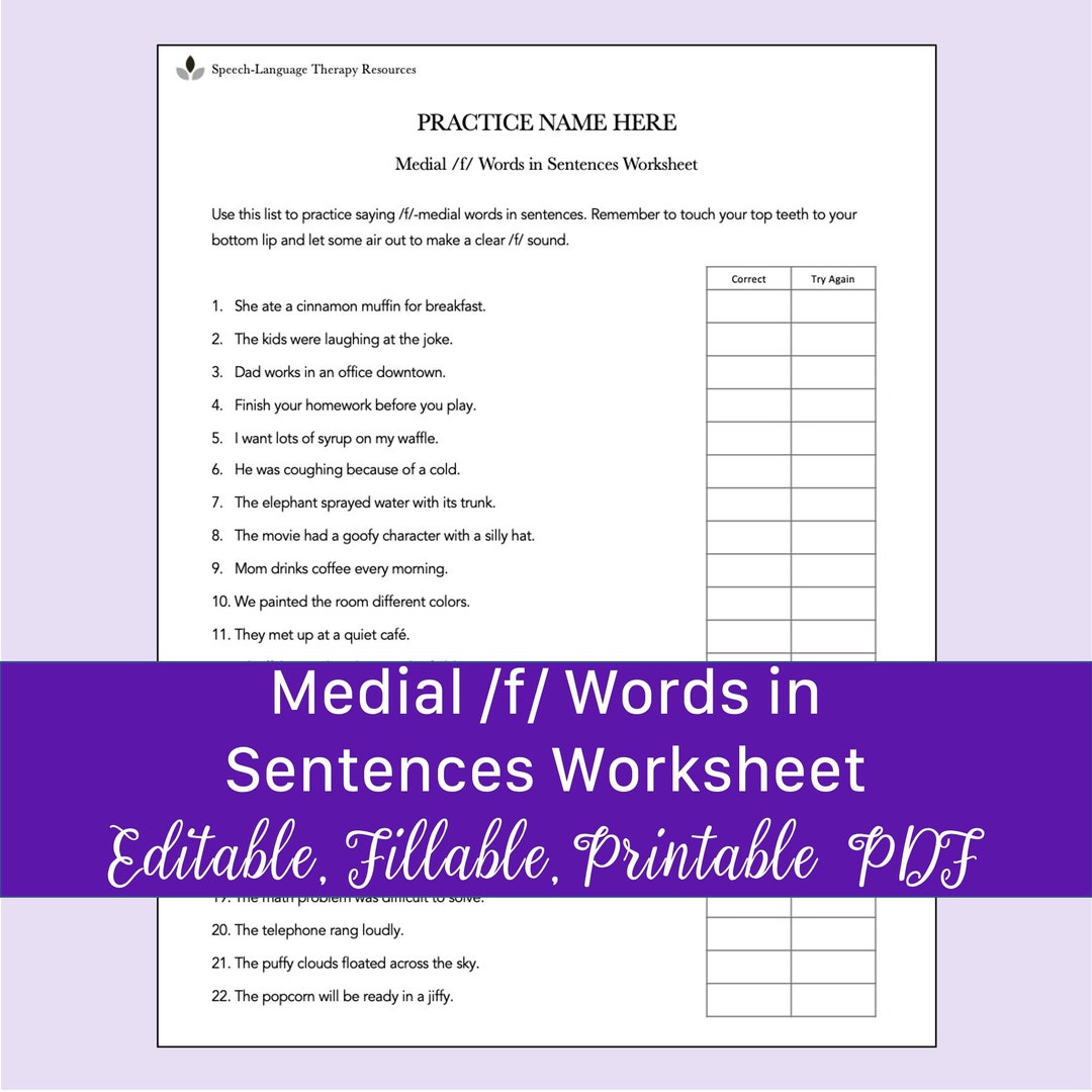Medial /f/ Words in Sentences Worksheet for Speech Therapy | Printable ...