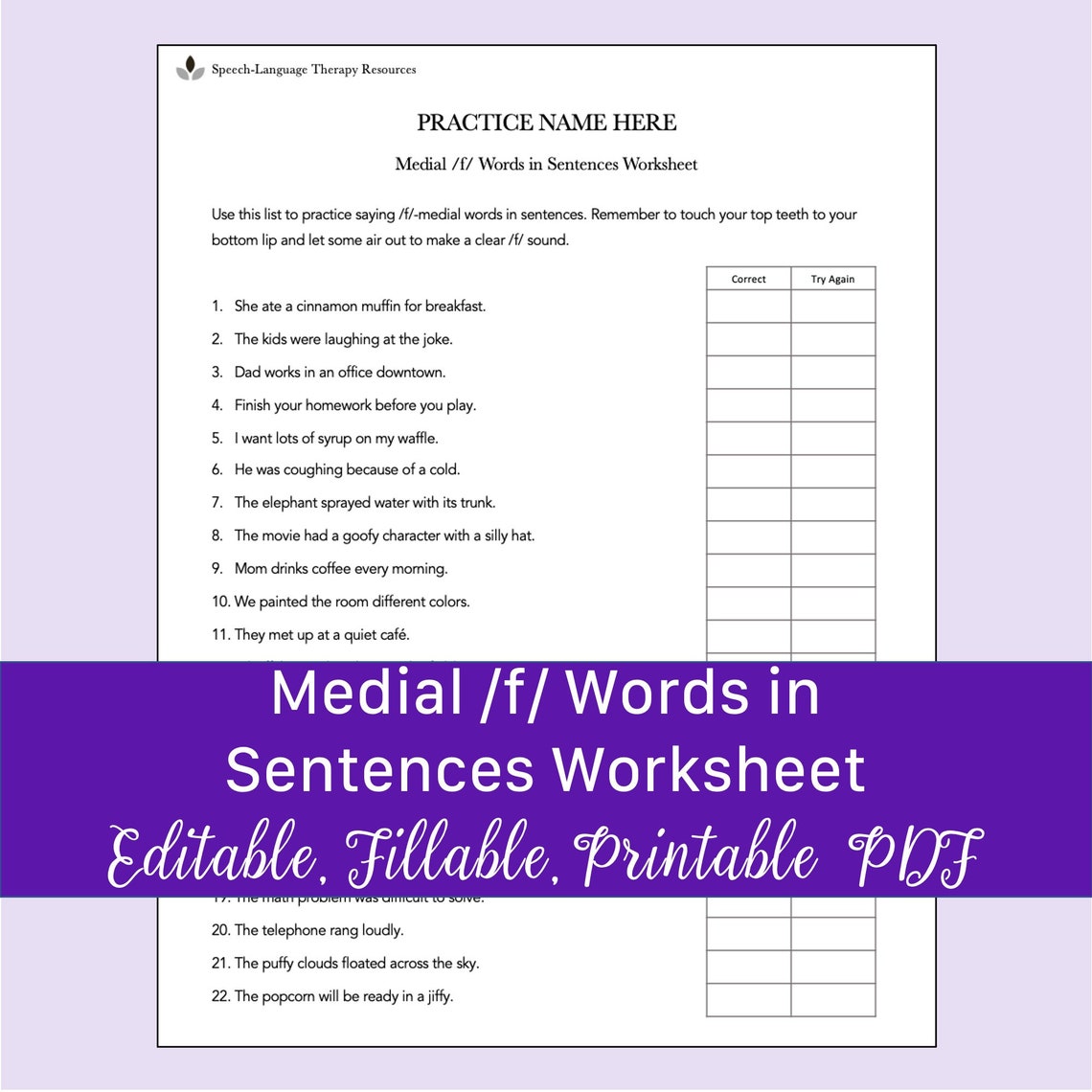 Medial /f/ Words in Sentences Worksheet for Speech Therapy | Printable ...