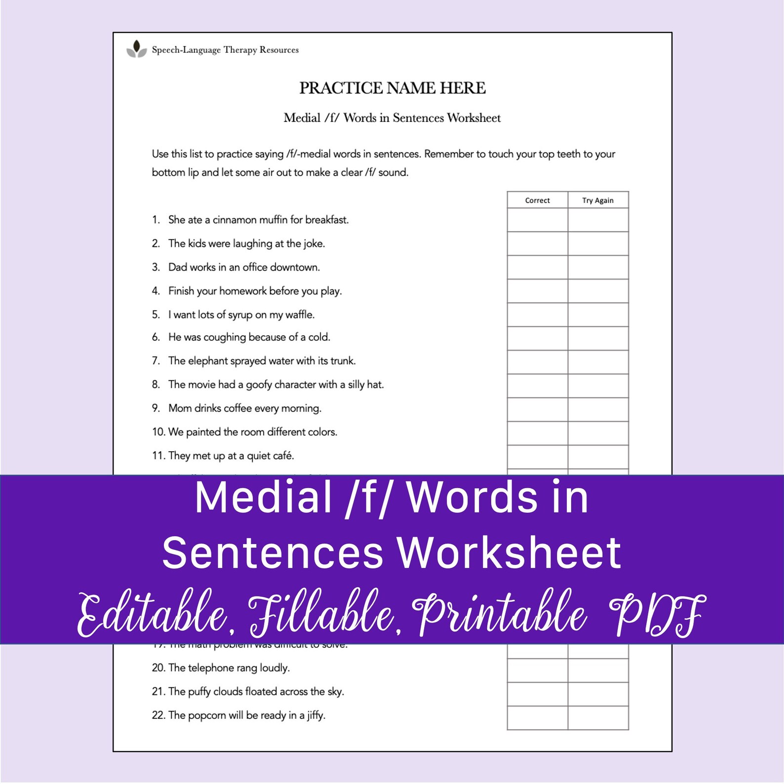 Medial /f/ Words in Sentences Worksheet for Speech Therapy | Printable ...