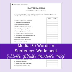 Medial /f/ Words in Sentences Worksheet for Speech Therapy | Printable ...